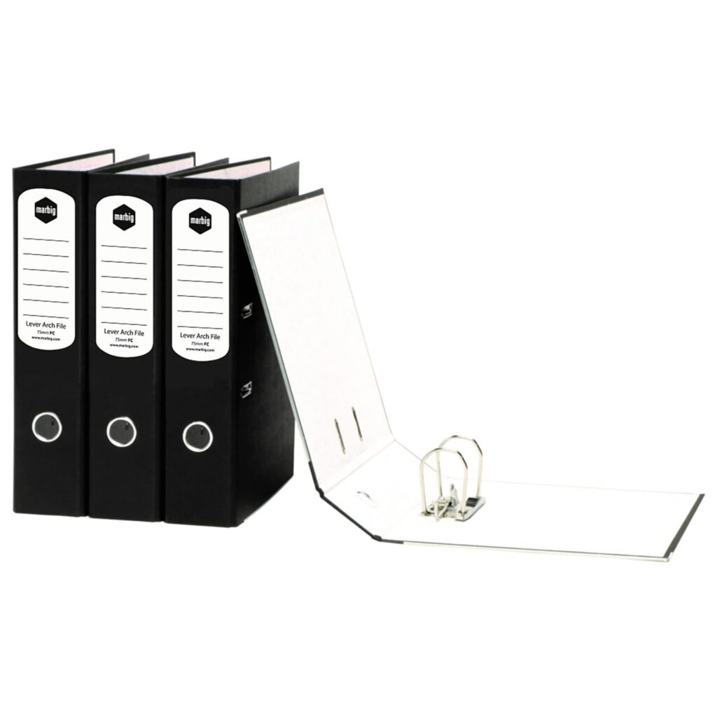 MARBIG A4 LEVER ARCH BINDER PAPER BOARD BLACK 75mm - Boss Packaging